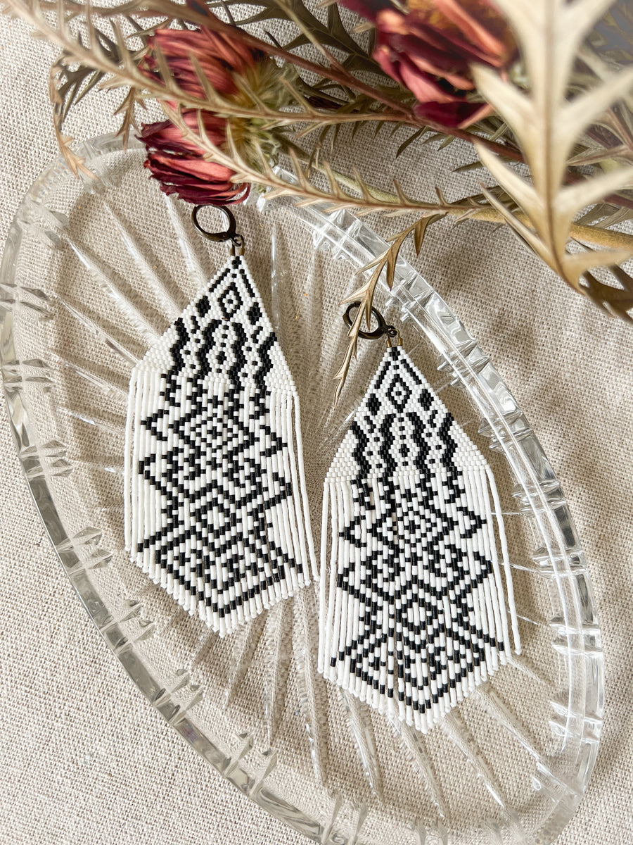 ‘Aya’ Handmade Black and White Brick Stitch Beaded Fringe Earrings ...